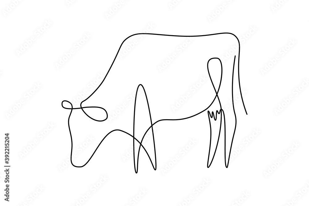 Cow on pasture in continuous line art drawing style. Grazing cow ...