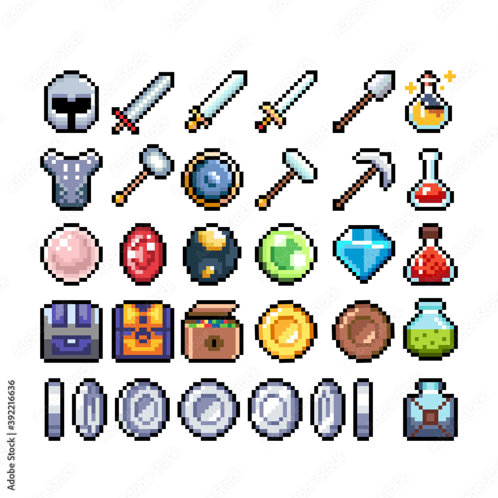 Set of 8-bit pixel graphics icons. Isolated vector illustration. Game ...
