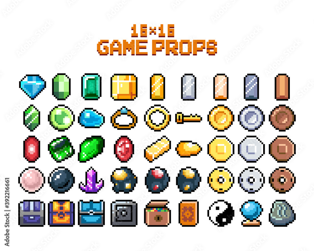 Set of 8-bit pixel graphics icons. Isolated vector illustration. Game ...
