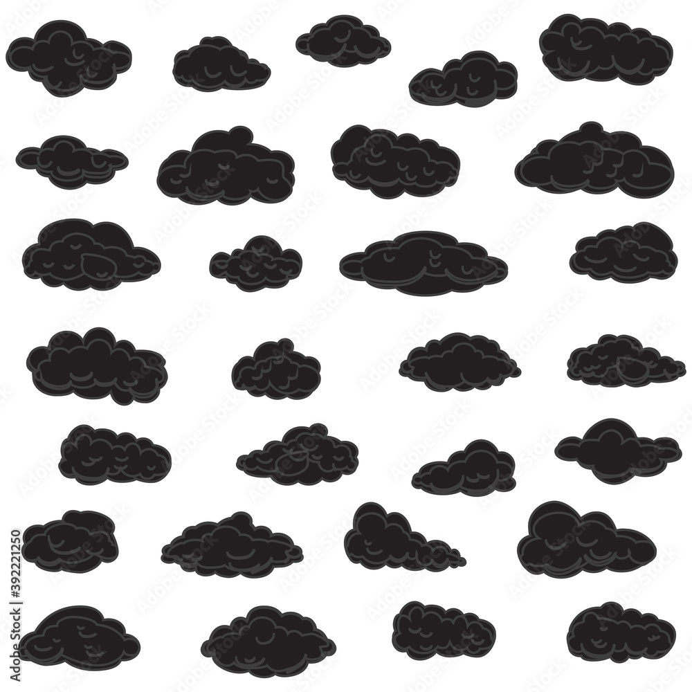 Black cartoon clouds set isolated on white background. Collection of ...