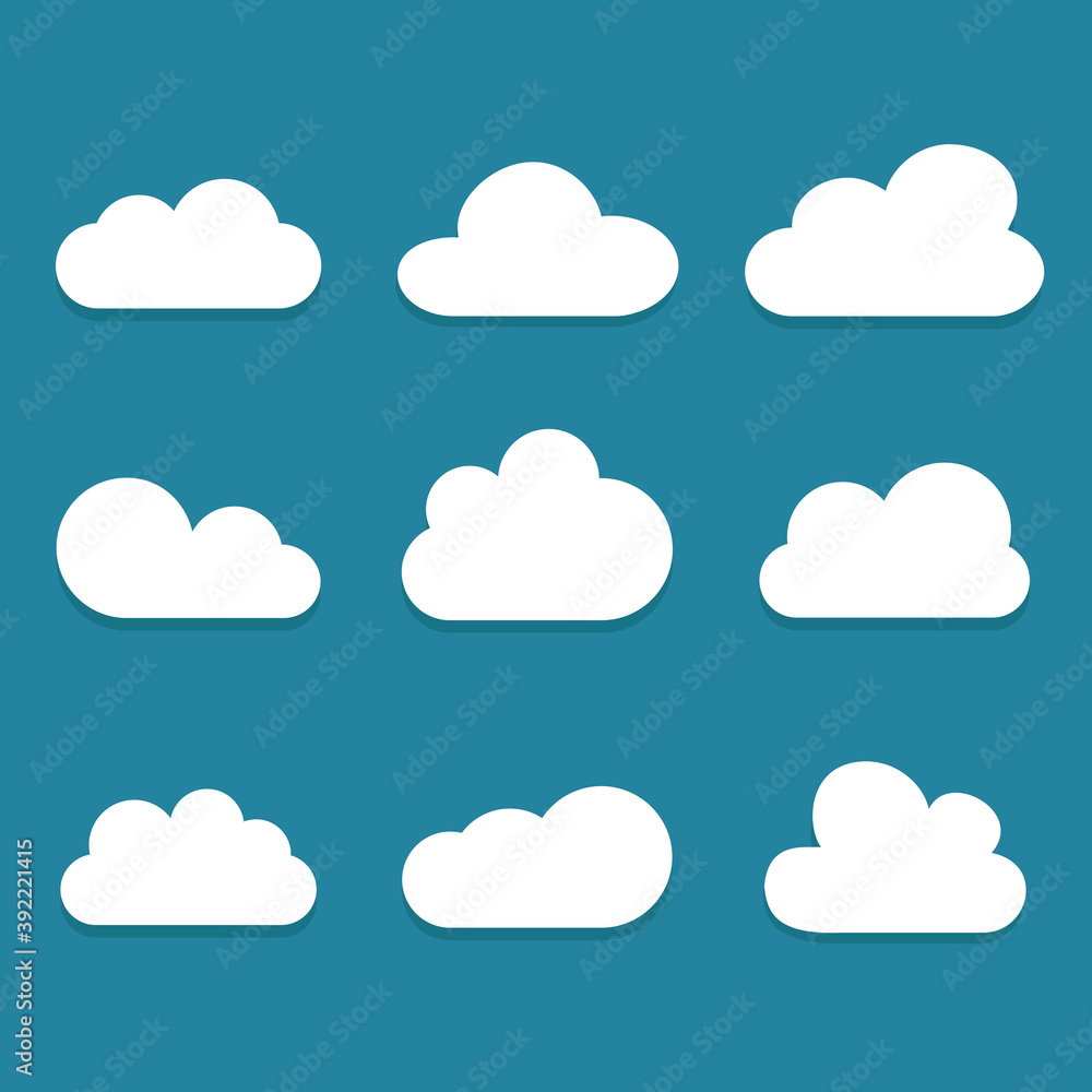 White cartoon clouds set isolated on blue background. Collection of ...