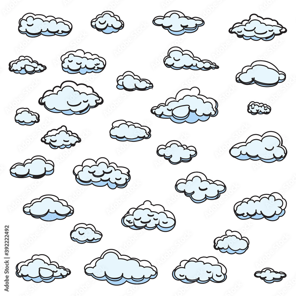 White cartoon clouds set isolated on blue background. Collection of different cartoon clouds for ...