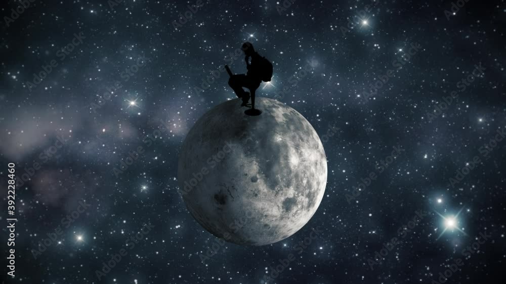 Vidéo Stock Working On Laptop Computer On Moon Surface. Silhouette of a ...