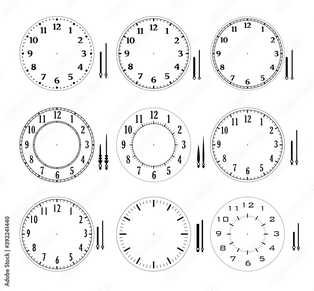 Set of dial and separated clock hands. Classic and modern clock faces ...
