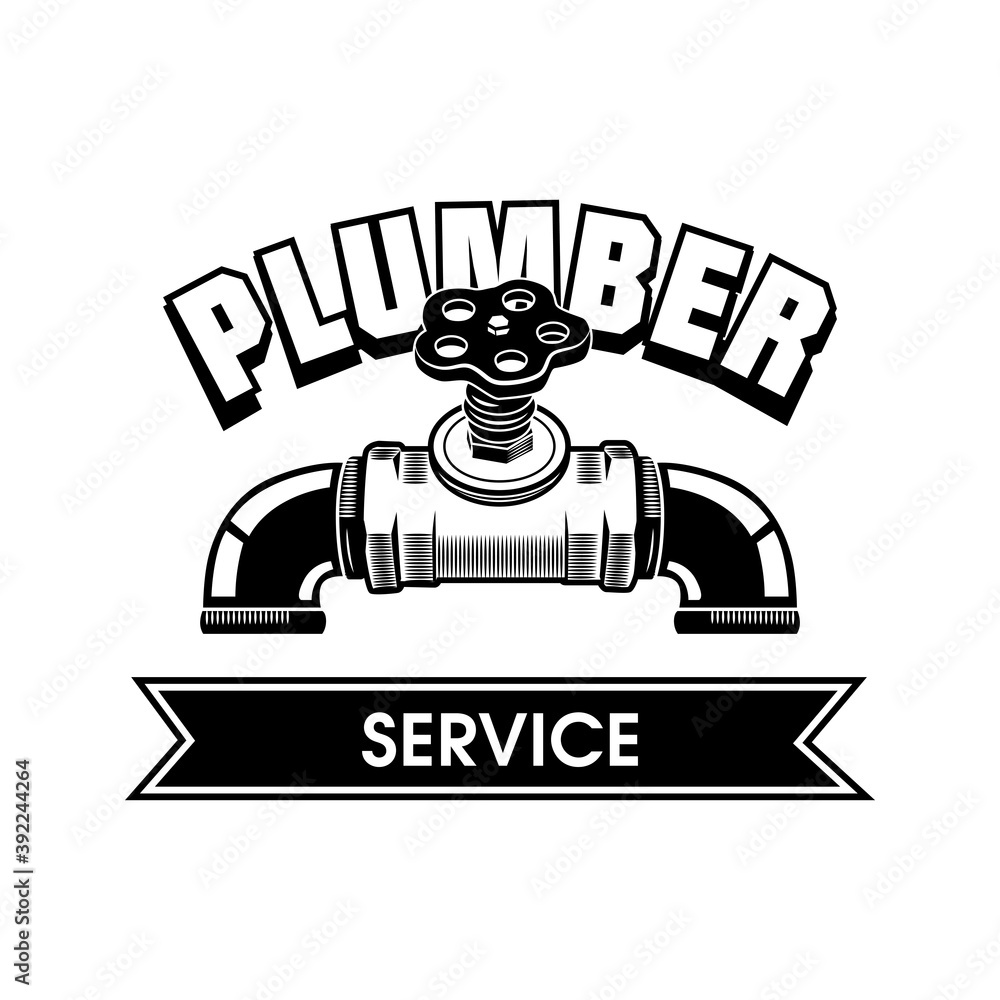 Plumbing service label vector illustration. Valve, pipe and text on ...