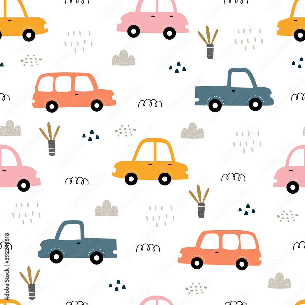 Seamless pattern Vintage car background with flowers and grass Hand ...