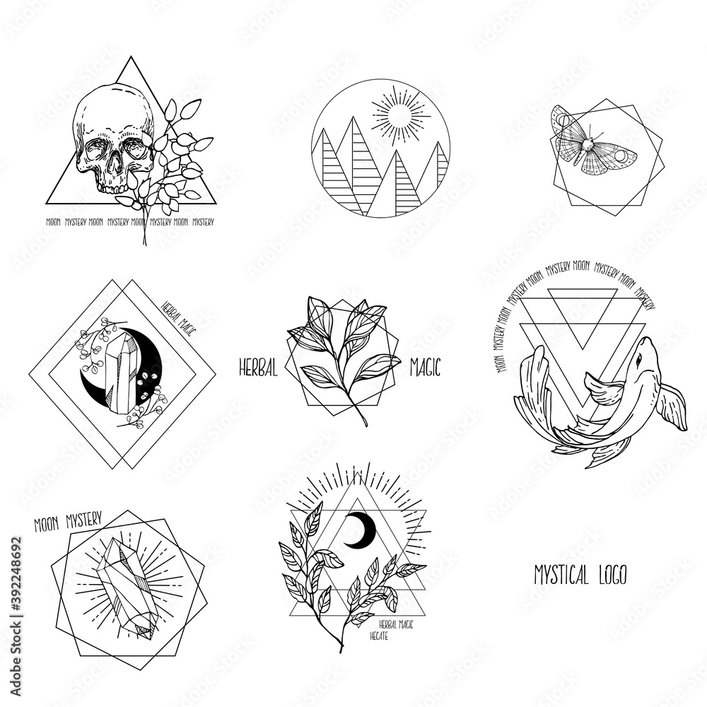 Hand drawn vector illustration of mystic logo. Magical outline clipart ...