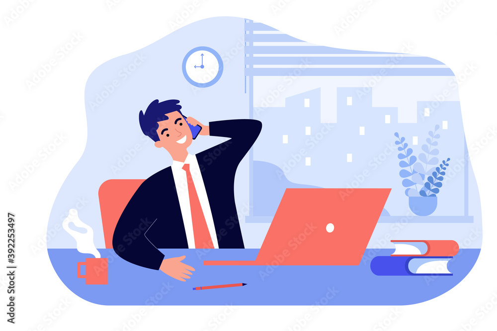 Happy boss sitting in office and talking phone isolated flat vector ...