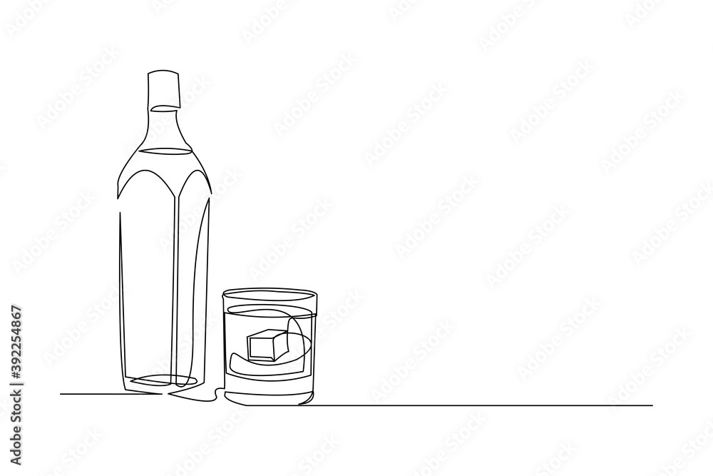 continuous line drawing if bottle glass wine liquor. One line art ...