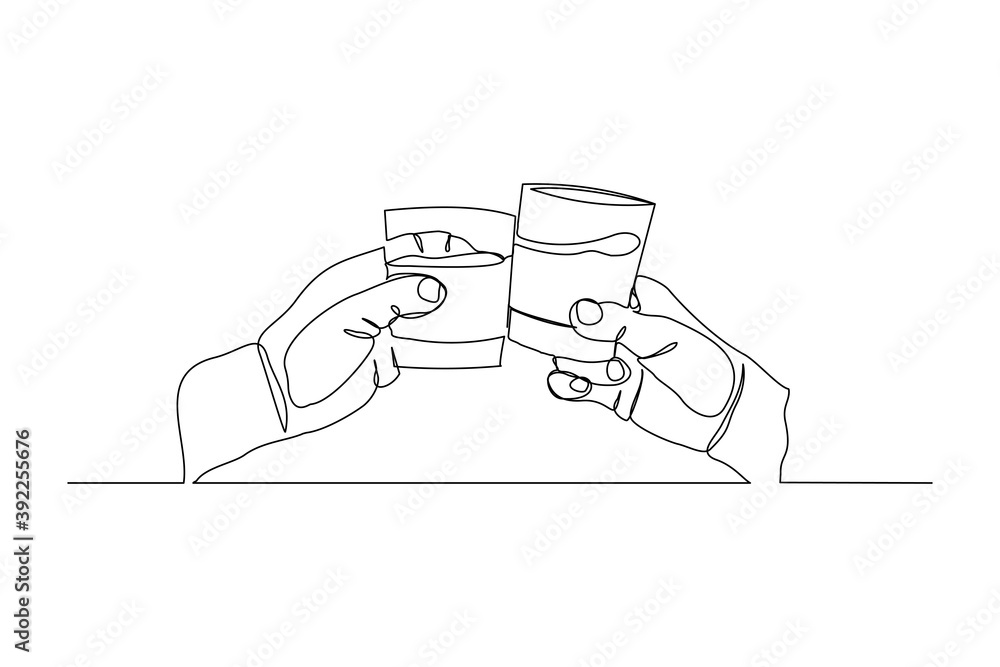 continuous line drawing of hand cheering and holding glass wine liquor ...