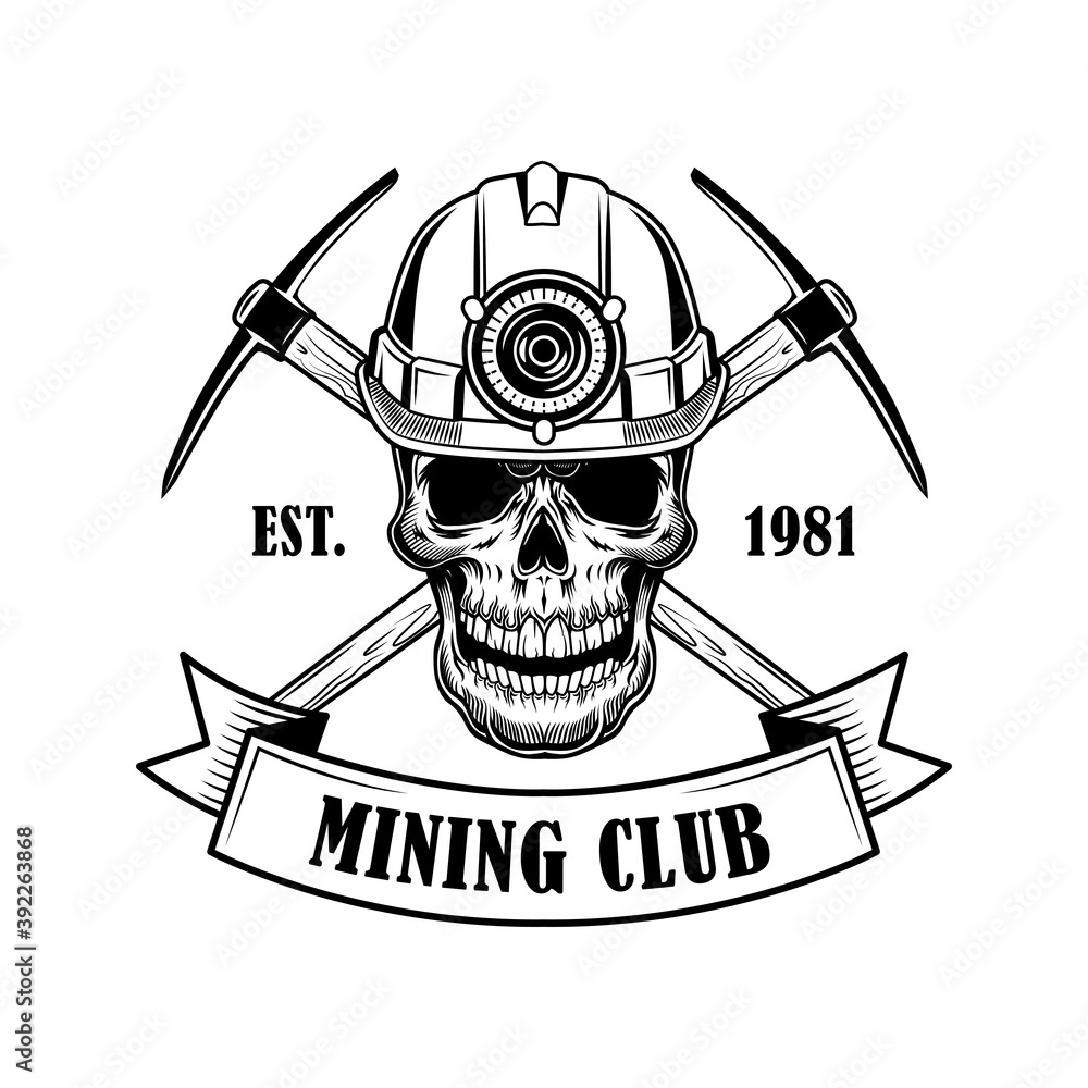Coal miners skull vector illustration. Head of skeleton in helmet with ...