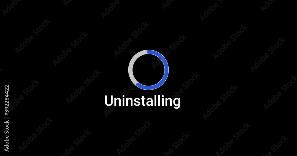 Uninstallation progress bar computer screen animation loop isolated on black background with ...