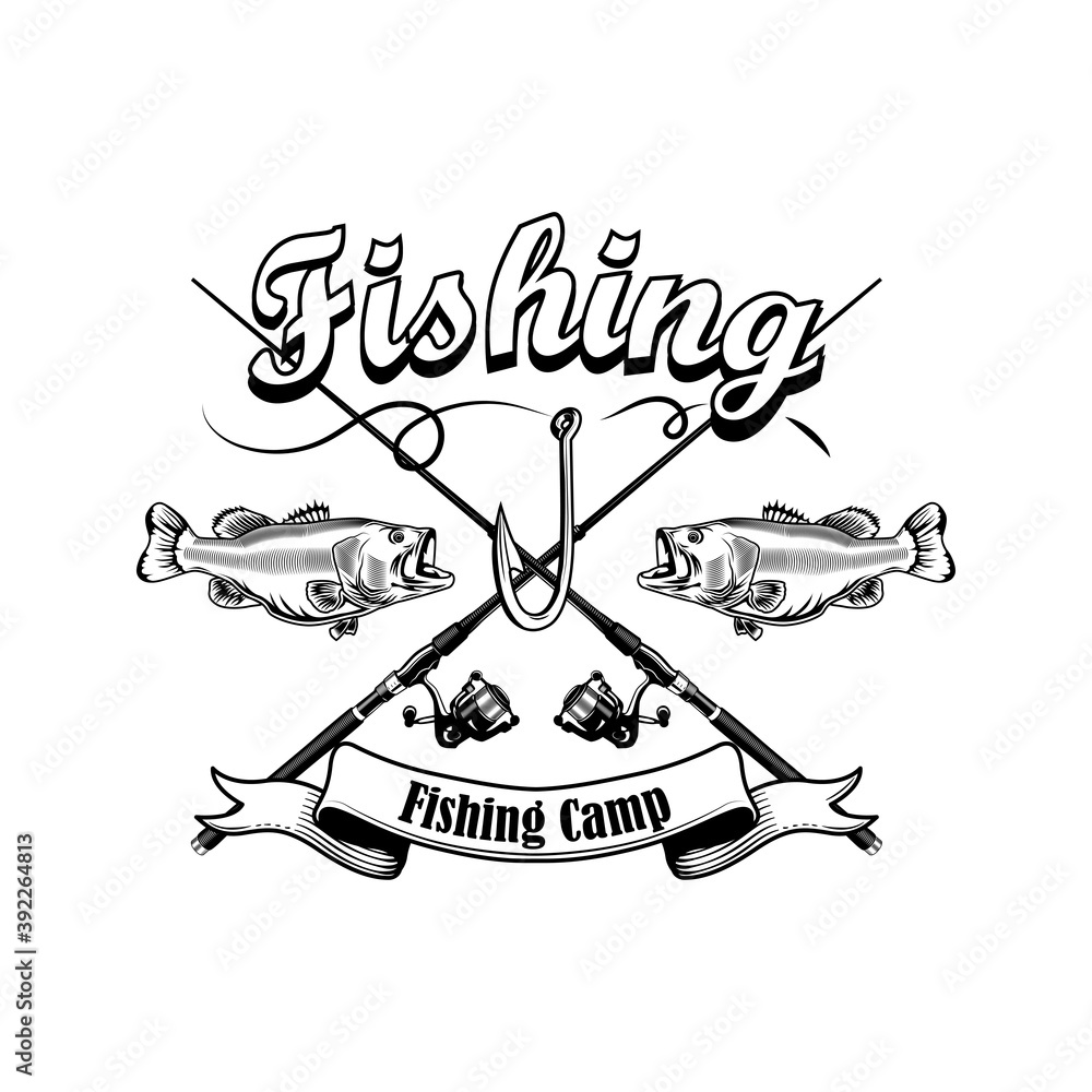 Fishing camp sign vector illustration. Fish, crossed tackles, hooks and ...