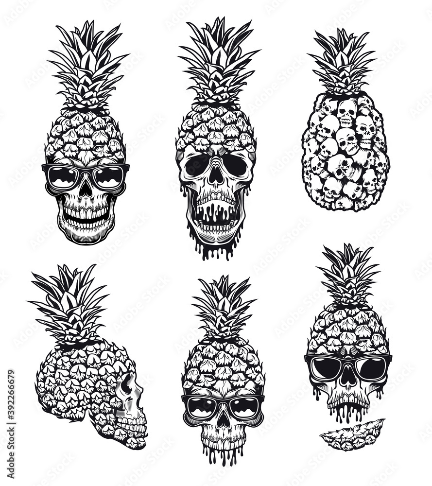 Skulls with pineapple peel vector illustrations set. Juicy head of ...