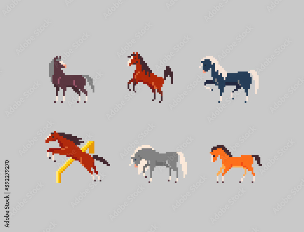 Set of horses in pixel art style. Stock Vector | Adobe Stock