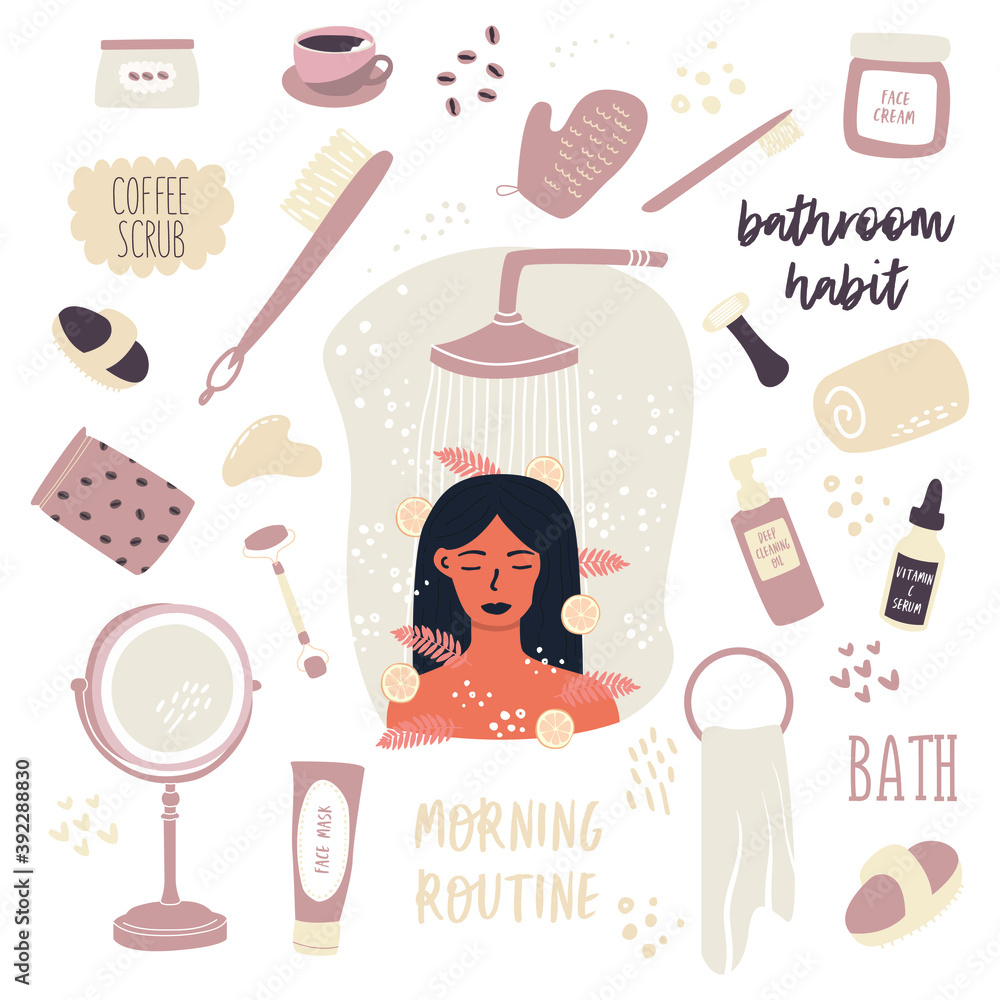 Large vector drawn set of hygiene and bathroom items for morning ...