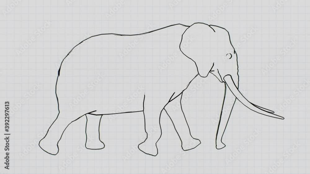 A drawn adult elephant with tusks and trunk walks forward on a paper ...