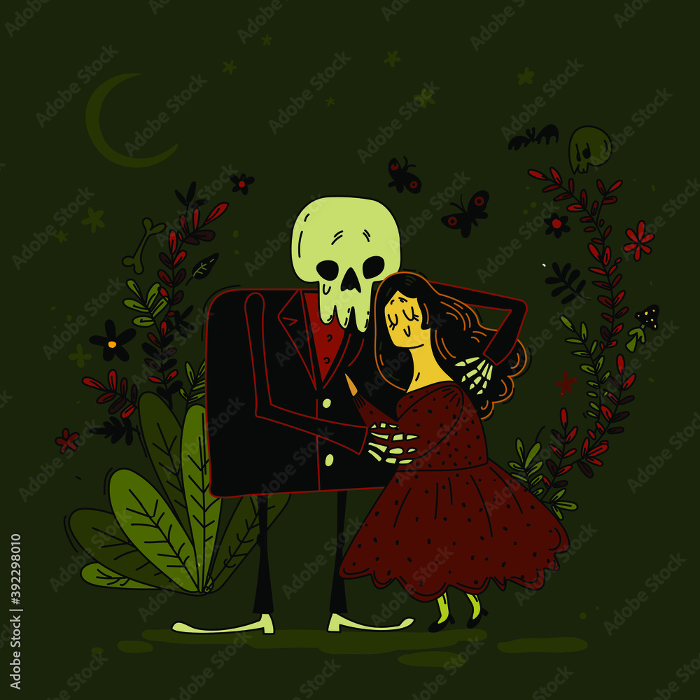 Young cute girl and skeleton tender hugging. Bride and groom with skull ...