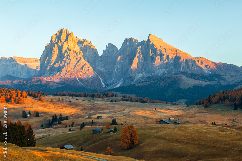 Mountain meadow and wood house Alpe di Siusi or Seiser Alm in the ...