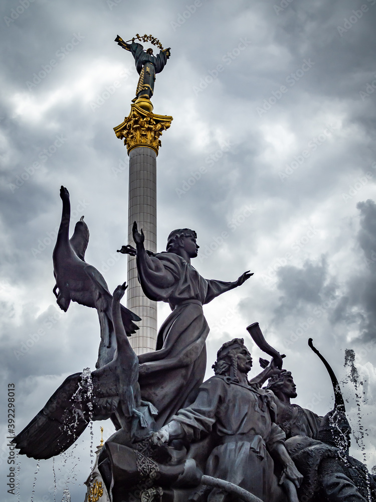 KIEV, UKRAINE-JULY 11, 2019: Fountain of the Independence square ...