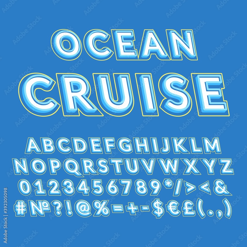 Ocean cruise vintage 3d vector alphabet set. Retro bold font, typeface ...