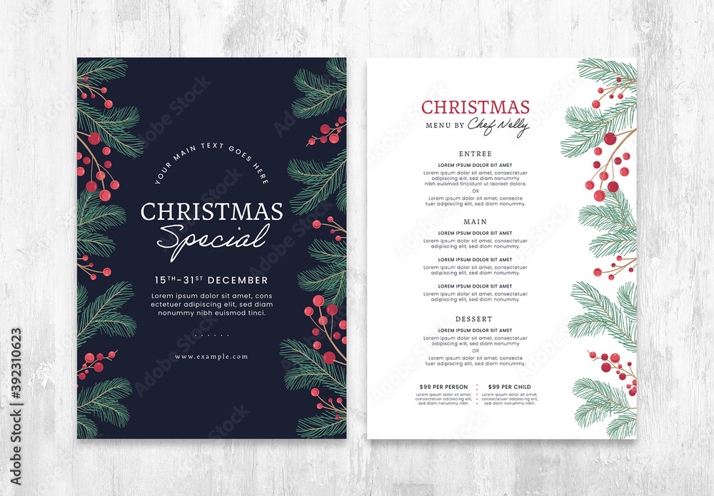 Christmas Menu Invitation Layout with Festive Decoration Stock Template ...