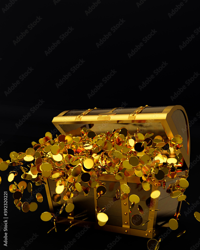 Many distribute gold coins flew from the treasure chest. A treasure ...