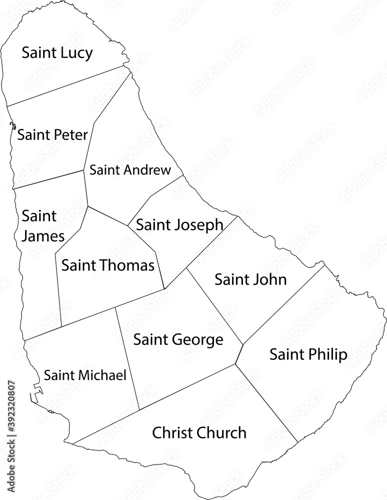 White vector map of Barbados with black borders and names of it's ...