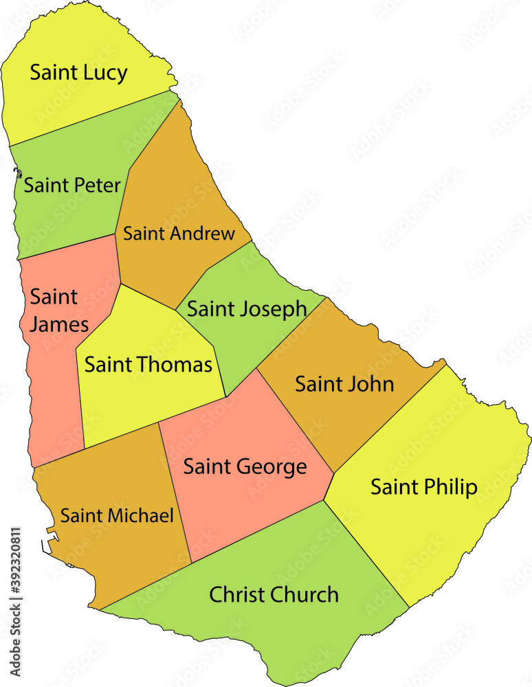 Pastel vector map of Barbados with black borders and names of it's ...