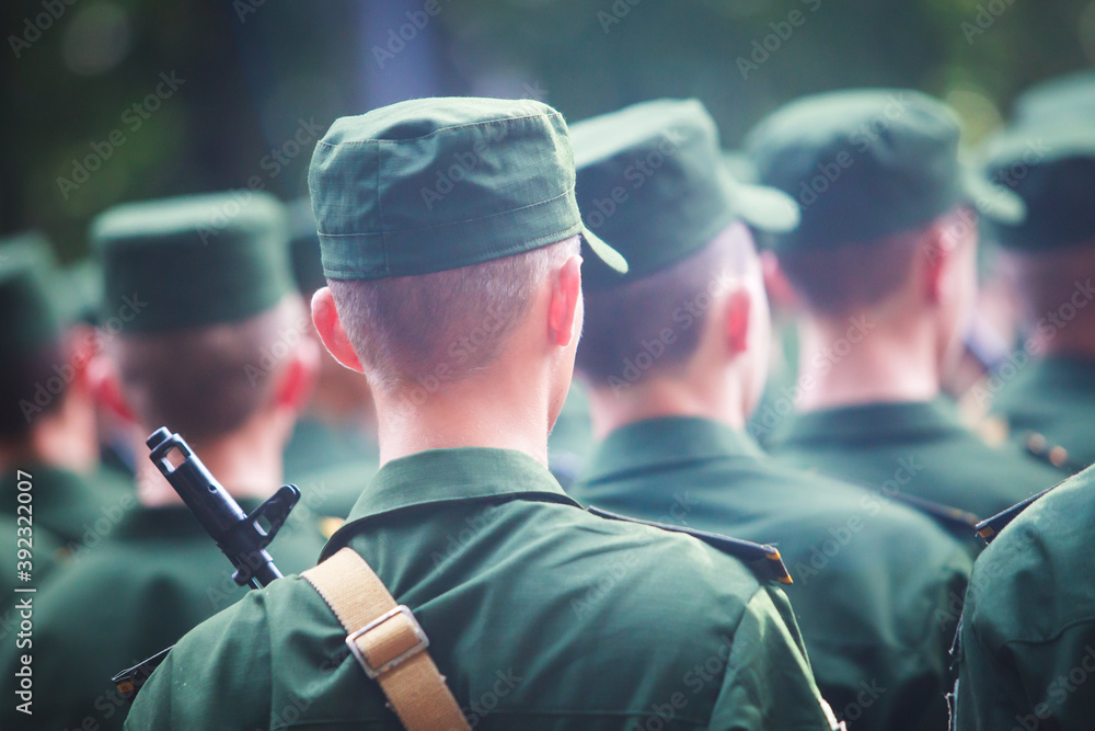 A formation line of russian army soldiers troops in military formation ...