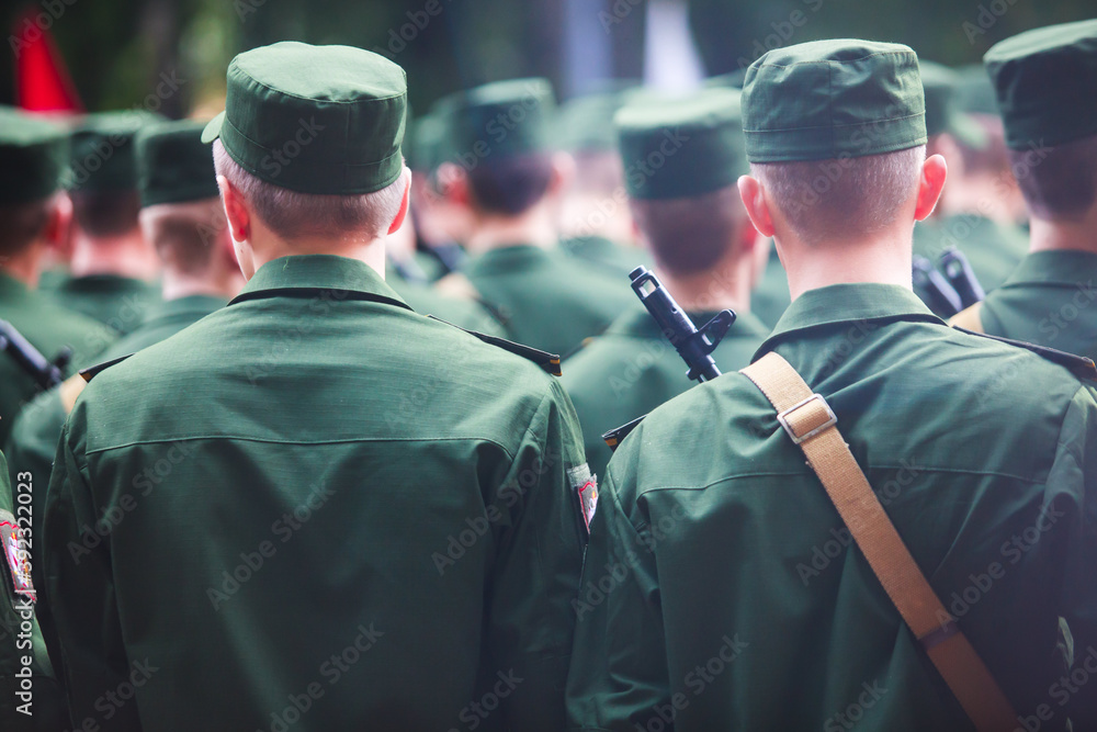 A formation line of russian army soldiers troops in military formation ...