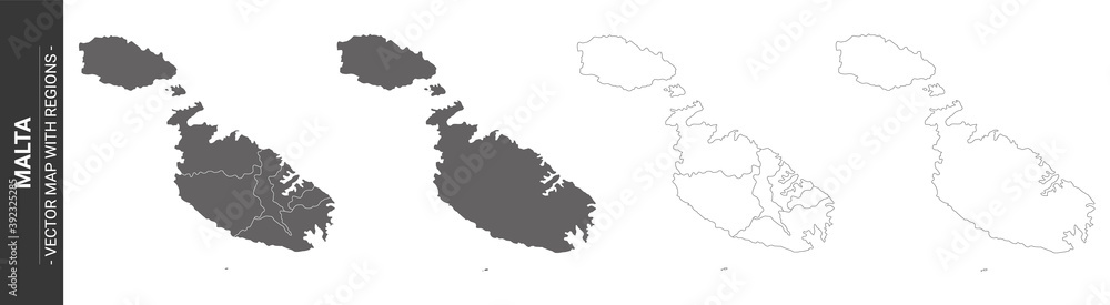 set of 4 political maps of Malta with regions isolated on white ...