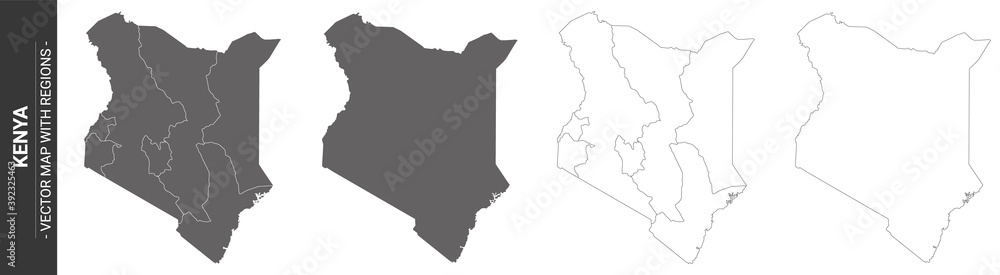 set of 4 political maps of Kenya with regions isolated on white ...