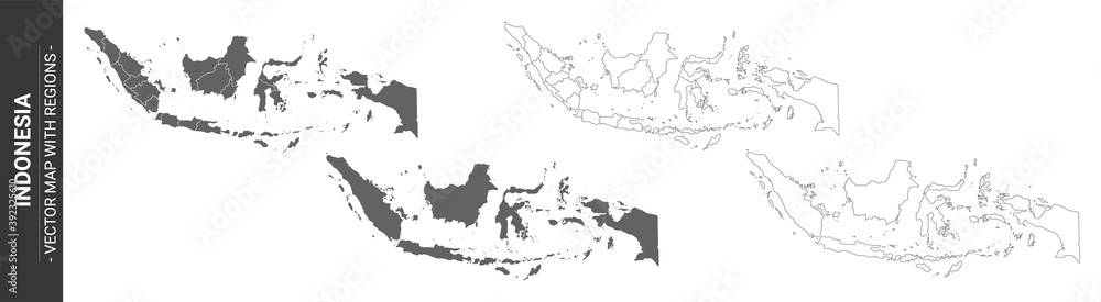 set of 4 political maps of Indonesia with regions isolated on white ...