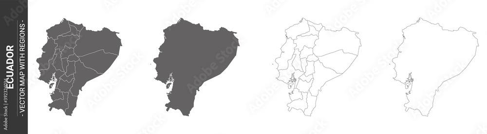 set of 4 political maps of Ecuador with regions isolated on white ...
