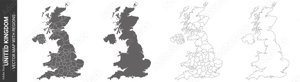 set of 4 political maps of United Kingdom with regions isolated on ...