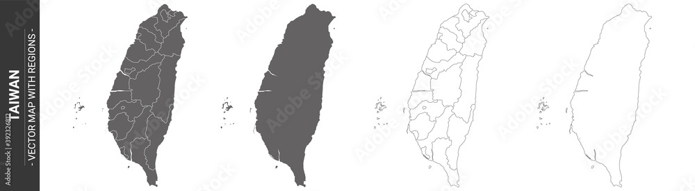 set of 4 political maps of Taiwan with regions isolated on white ...