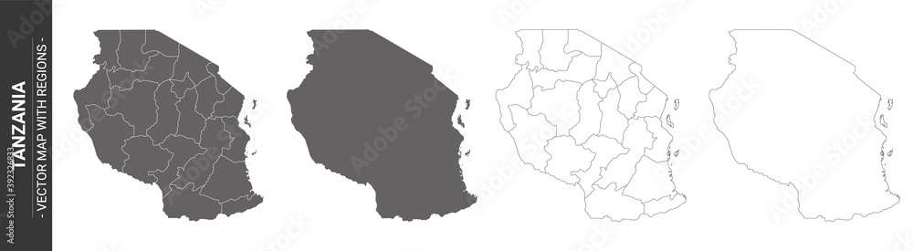 set of 4 political maps of Tanzania with regions isolated on white ...