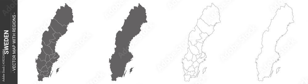 set of 4 political maps of Sweden with regions isolated on white ...