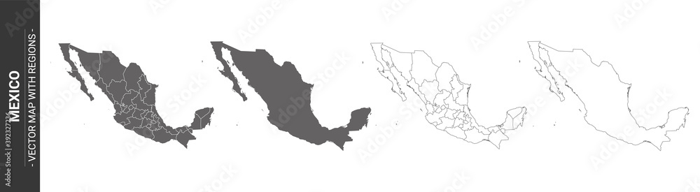 set of 4 political maps of Mexico with regions isolated on white ...