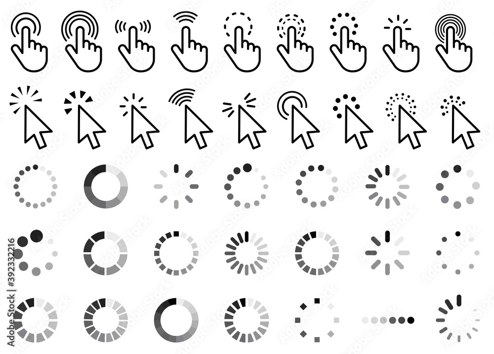 Computer mouse click cursor gray arrow icons set. Clicking cursor ... Computer mouse click cursor gray arrow icons set. Clicking cursor ...