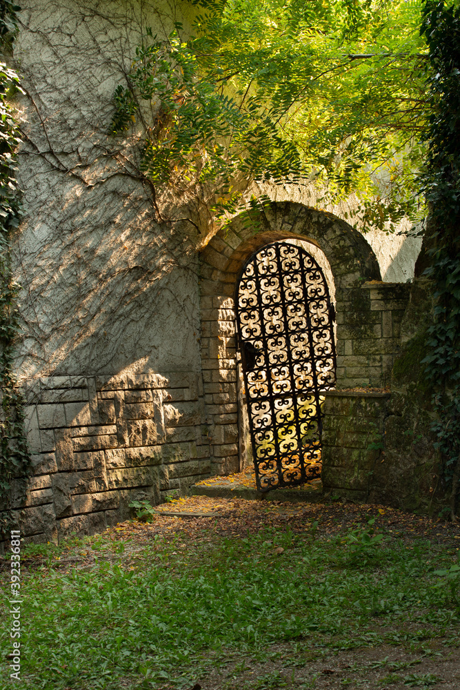 Abandoned old wrought iron gate in forgotten garden Stock Photo | Adobe ...