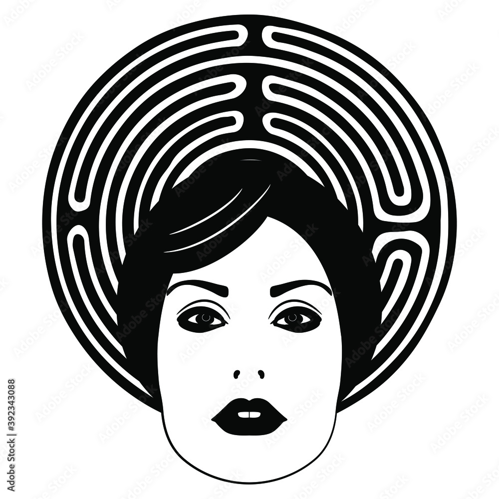 Beautiful female face with round spiral maze or labyrinth as her nimbus ...