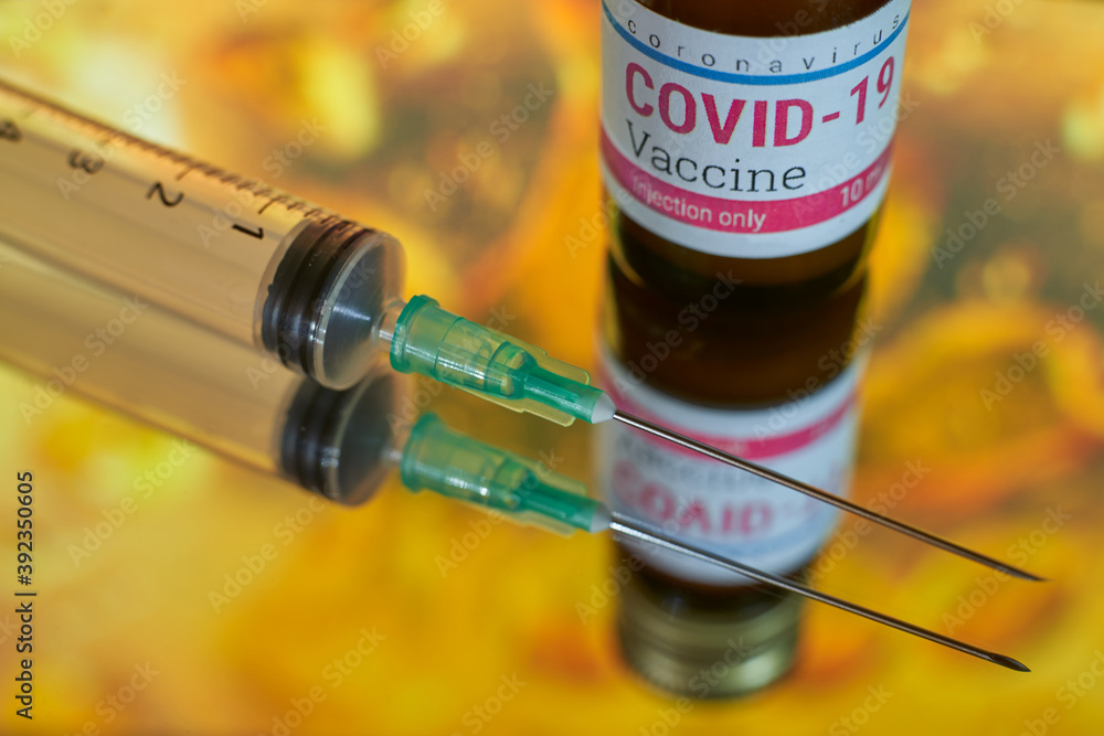 Covid-19 vaccine and syringe injection. It is used for the prevention ...