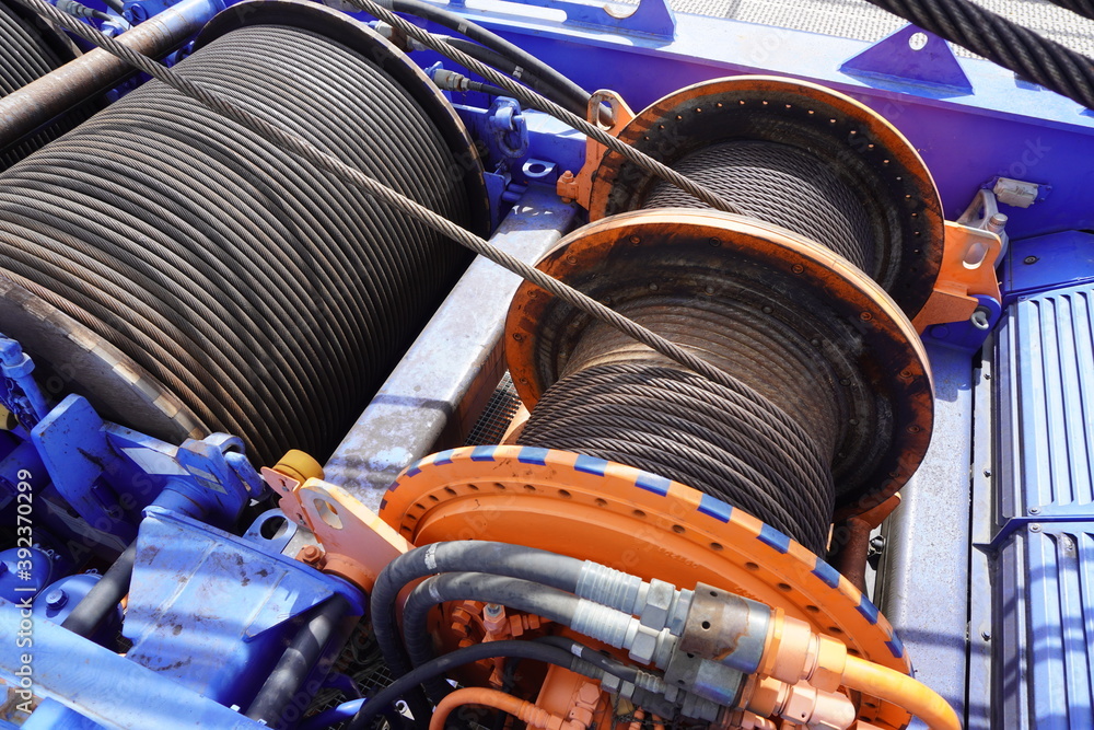 Wire rope sling or cable sling on crane reel drum or winch roll of ...