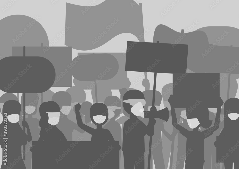 Silhouette people with protesting. Protesters hands holding loudspeaker ...