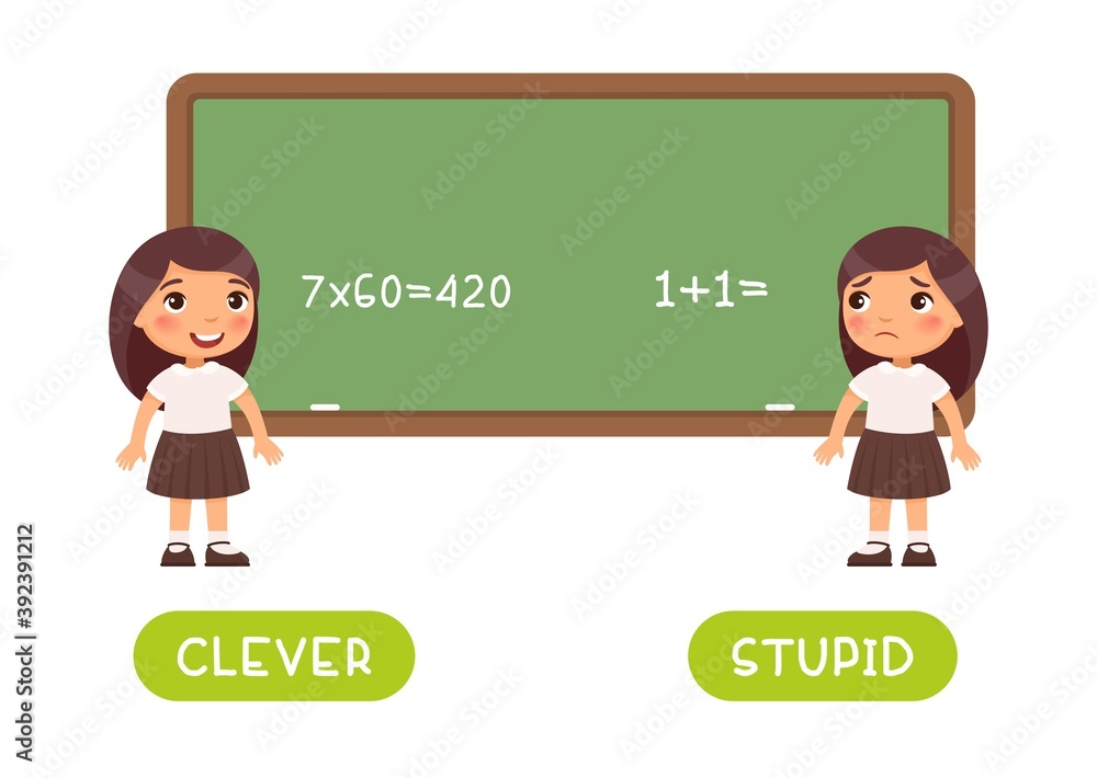 CLEVER and STUPID antonyms word card vector template. Flashcard for ...