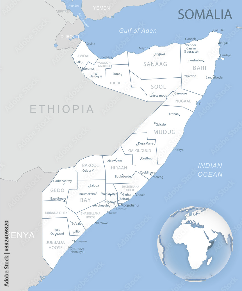 Blue-gray detailed map of Somalia administrative divisions and location ...