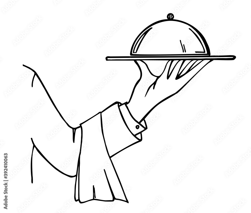 waiter hand holding tray. hand with a tray sketch, linear vector image ...