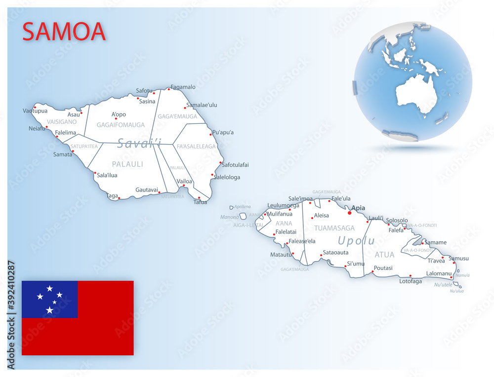 Detailed Samoa administrative map with country flag and location on a ...